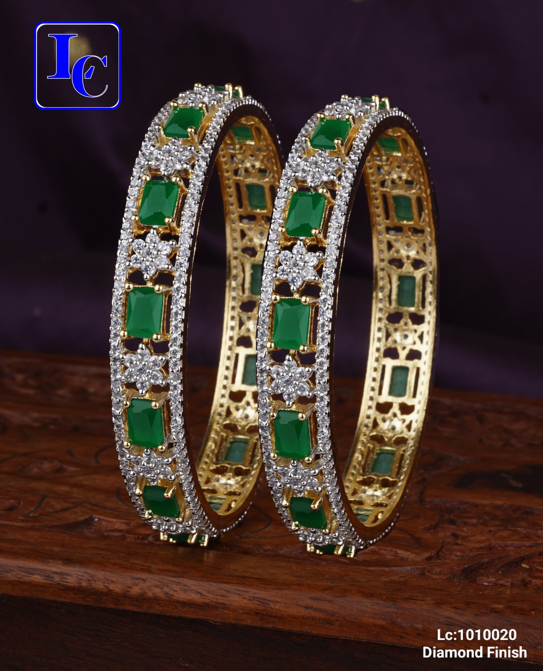 Green Stone Diamond Bangle set | Urvaa | One Gram Gold Green Stone ...